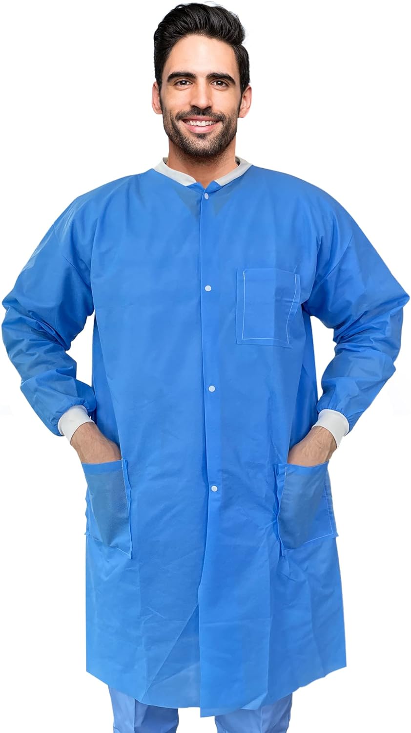 Buy Blue 40 gsm SMS Disposable Lab Coats Large with Long Sleeves, Front ...