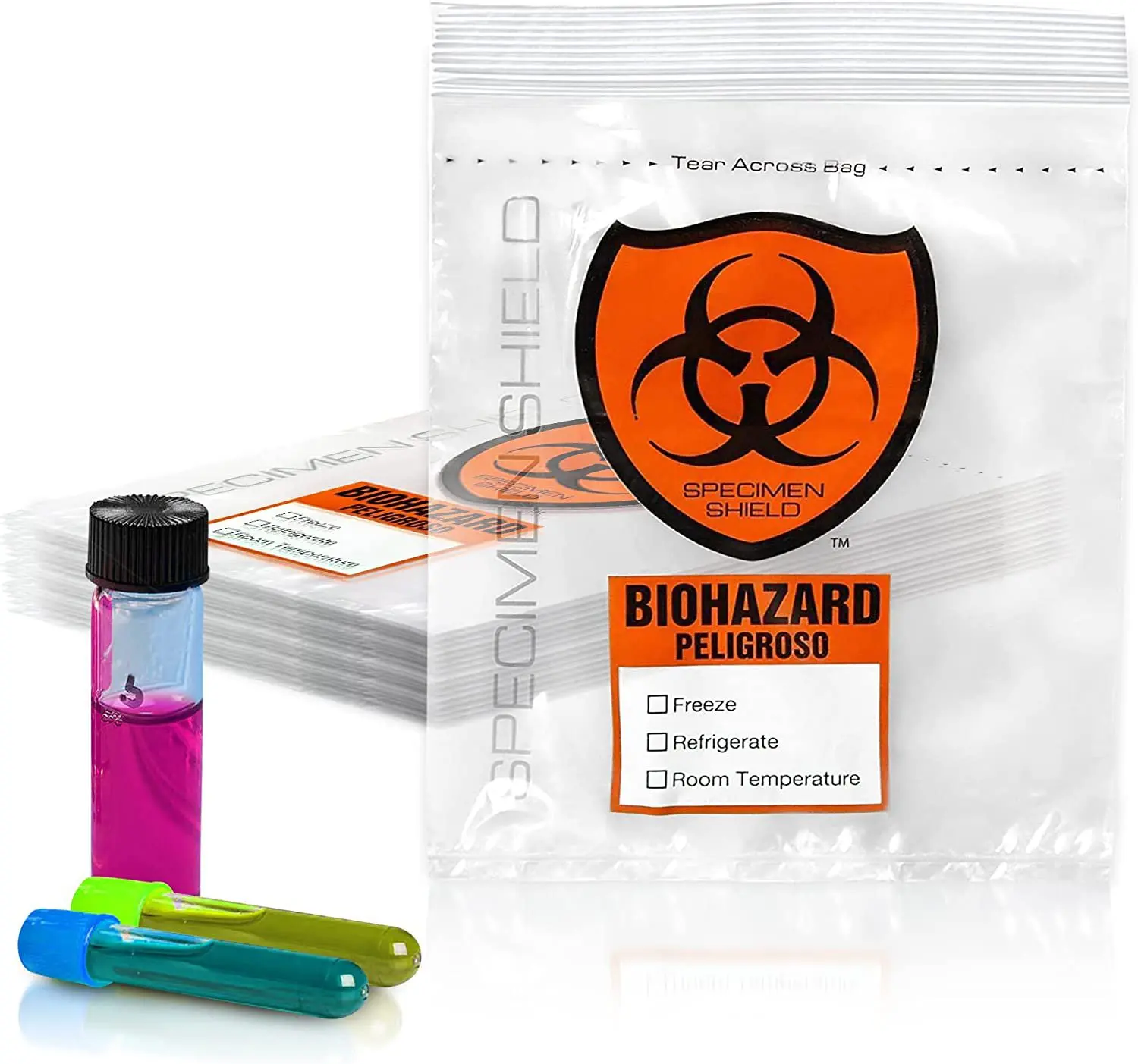 Clear Orange 3-Wall Zipper Biohazard Specimen Bags 8" x 10" /w Document ...